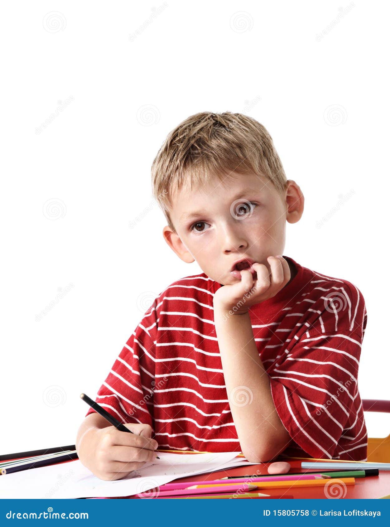 Boy with colored pencils stock photo. Image of serious - 15805758