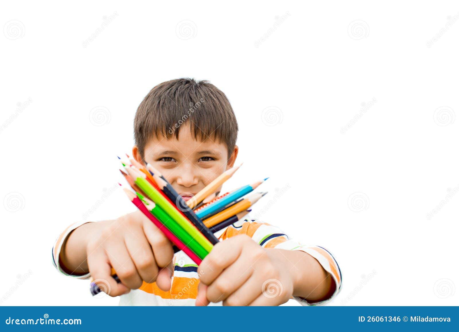 Boy with colored pencils stock photo. Image of male, elementary - 26061346