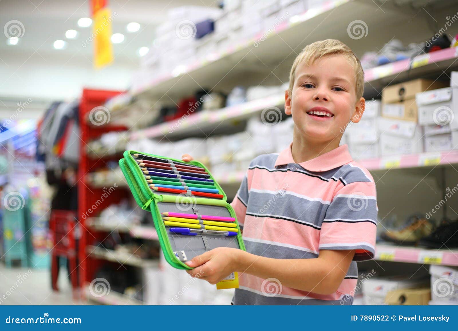 Boy with Colour Pencils in Shop Stock Photo - Image of sale ...