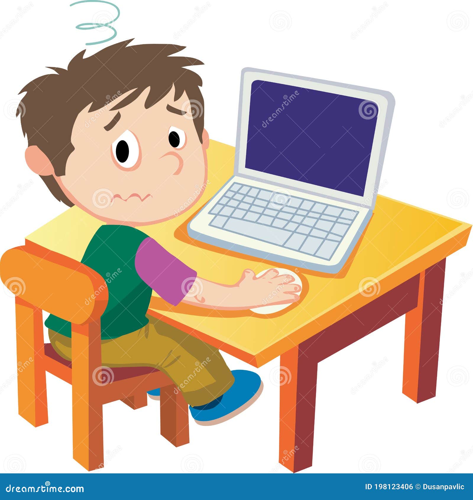 Boy Gets Tired because he Has Been Using the Computer for a Long Time ...