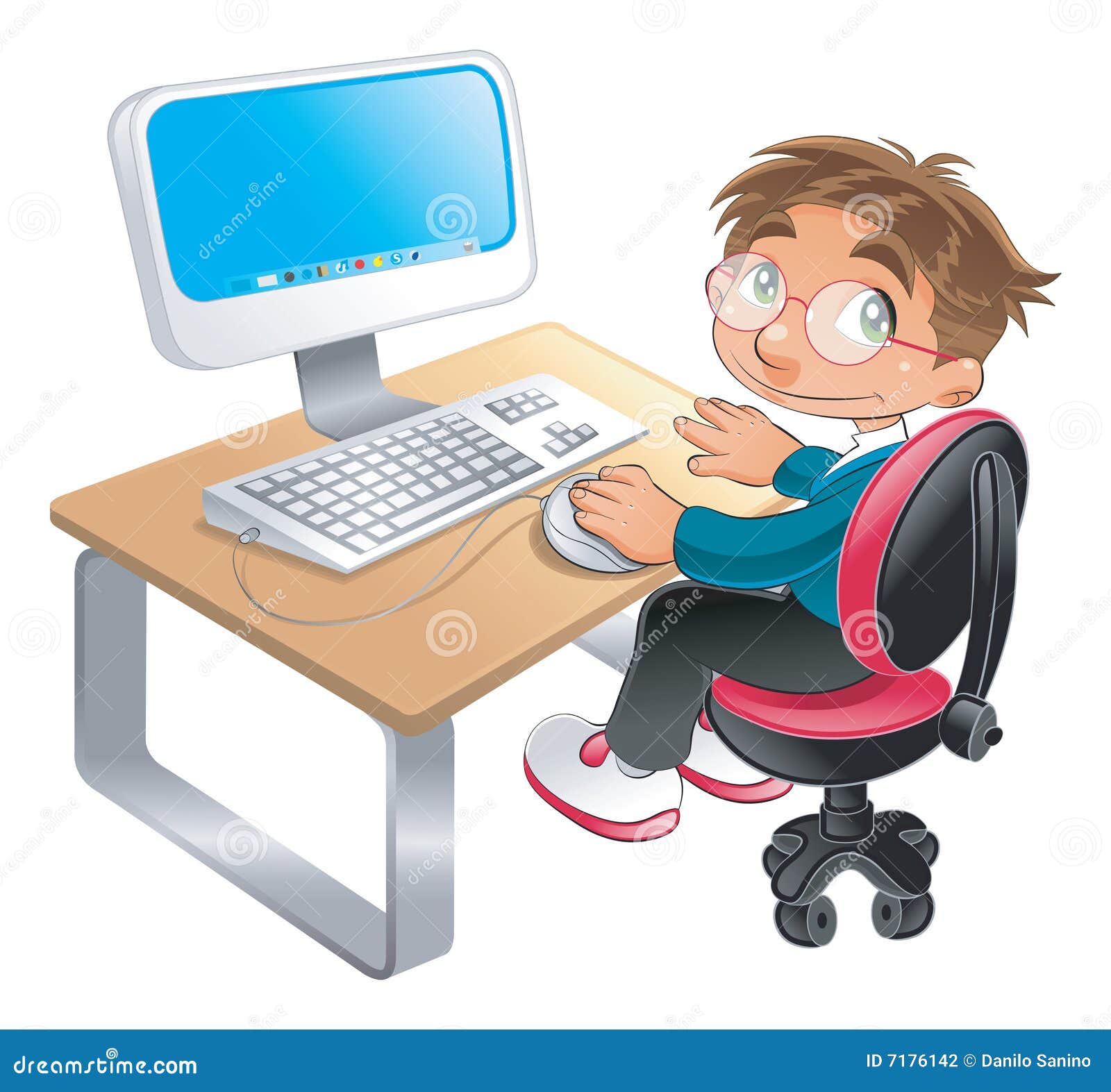 Boy and computer stock vector. Illustration of work, monitor - 7176142