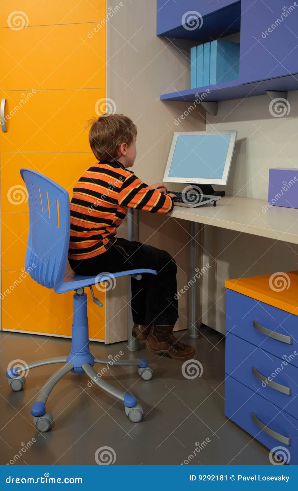 Boy at Computer in Children S Room Stock Image - Image of monitor ...