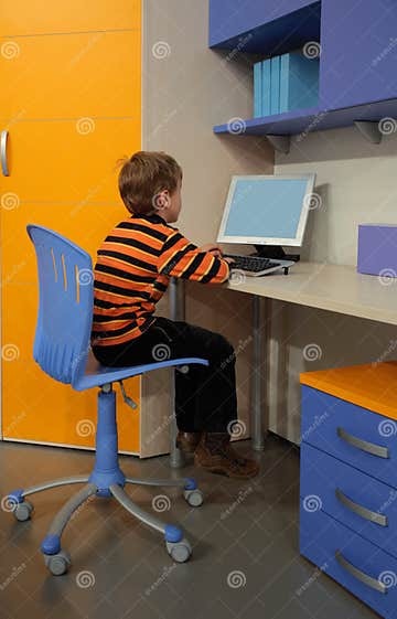 Boy at Computer in Children S Room Stock Image - Image of monitor ...