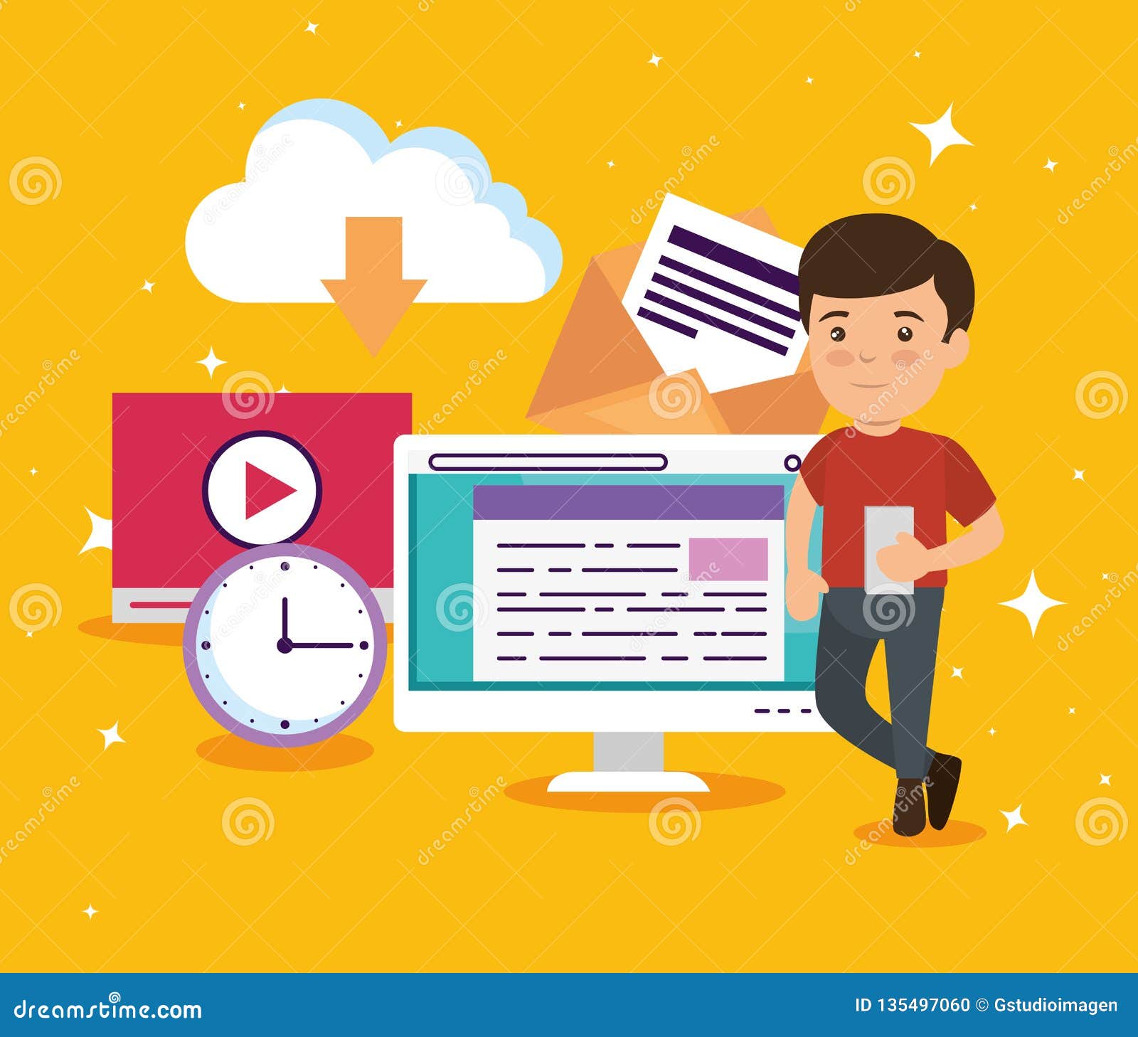 Boy with Computer Education Document and Video Stock Vector ...