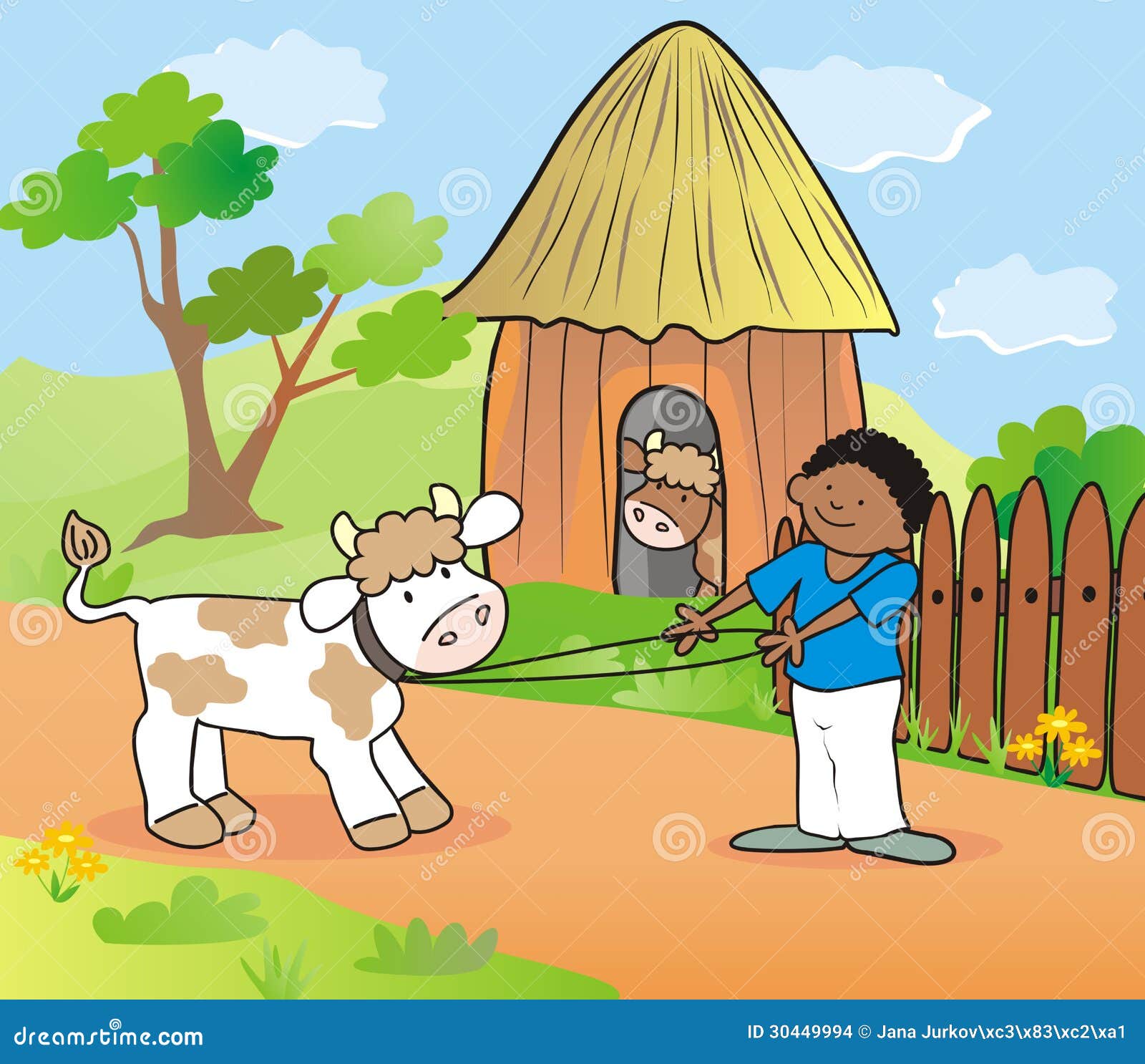 Boy and Cow in African Countryside, Vector Illustration Stock ...
