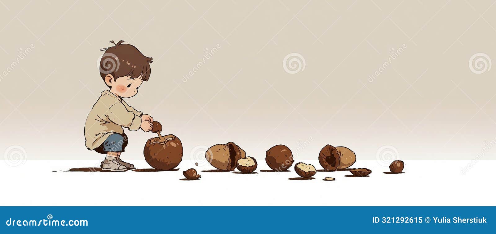 Boy Creating and Playing with Chestnuts and Acorn Toy. Anime Style ...