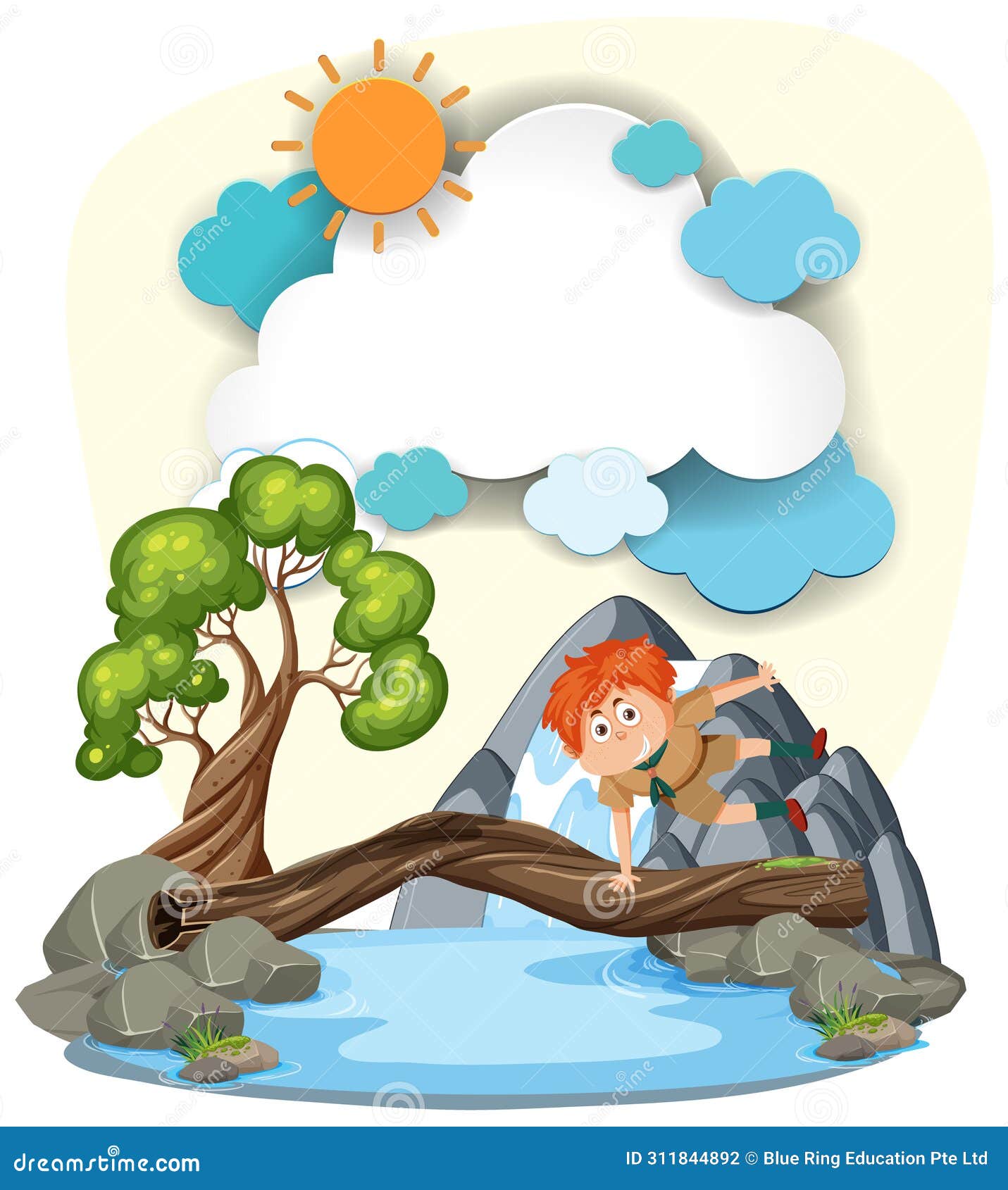 A Boy Crossing a River on a Fallen Tree Stock Vector - Illustration of ...