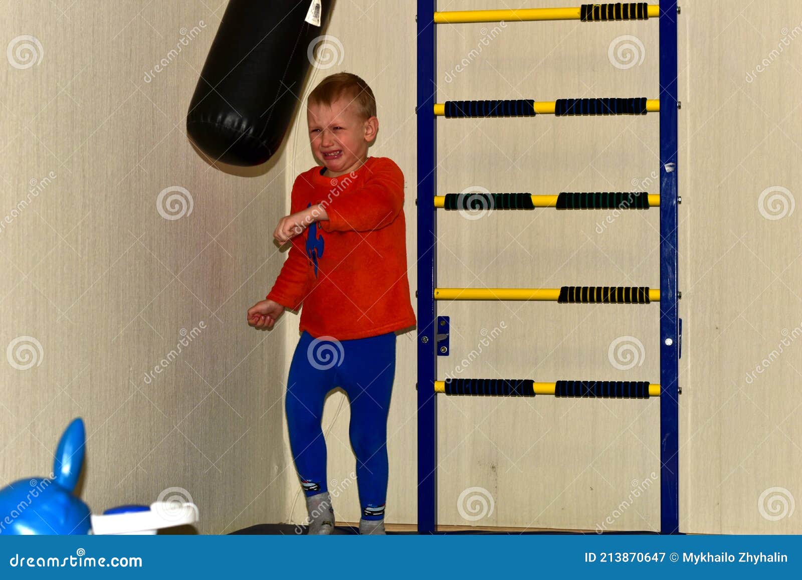 Boy Crying Pushing a Boxing Bag. Stock Image - Image of home, punching ...