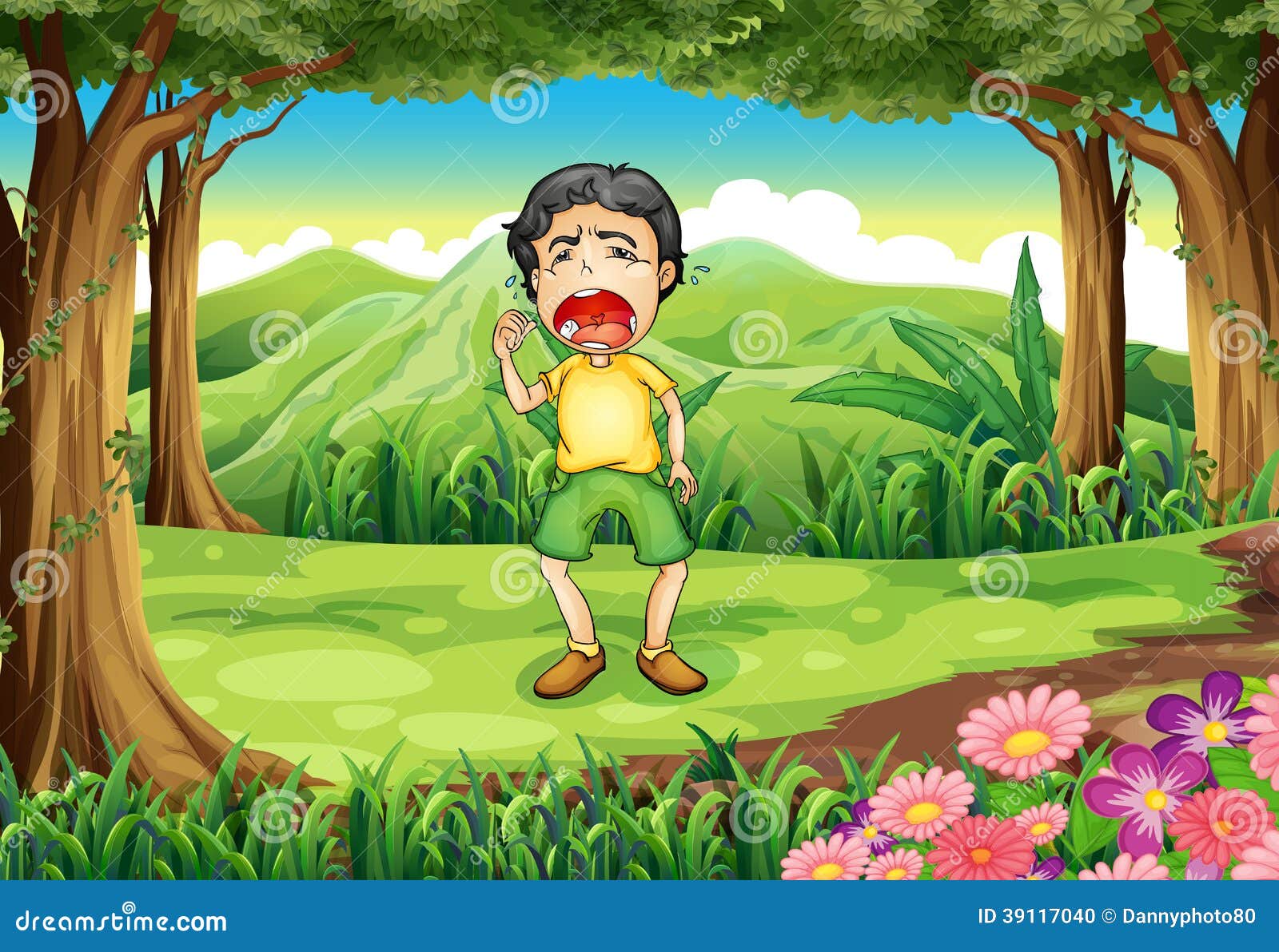 A boy crying at the woods stock vector. Illustration of flowers - 39117040