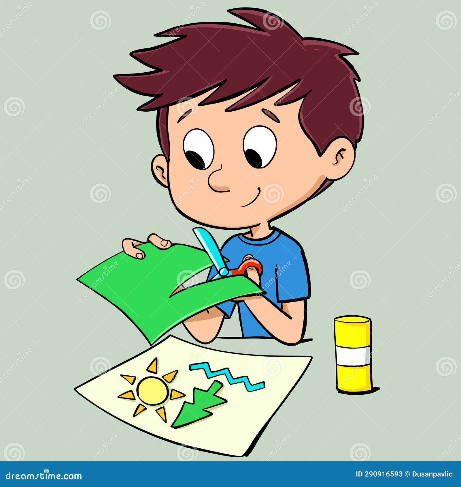 Boy Cuts Colored Paper with Scissors and Makes a Collage Stock Vector ...