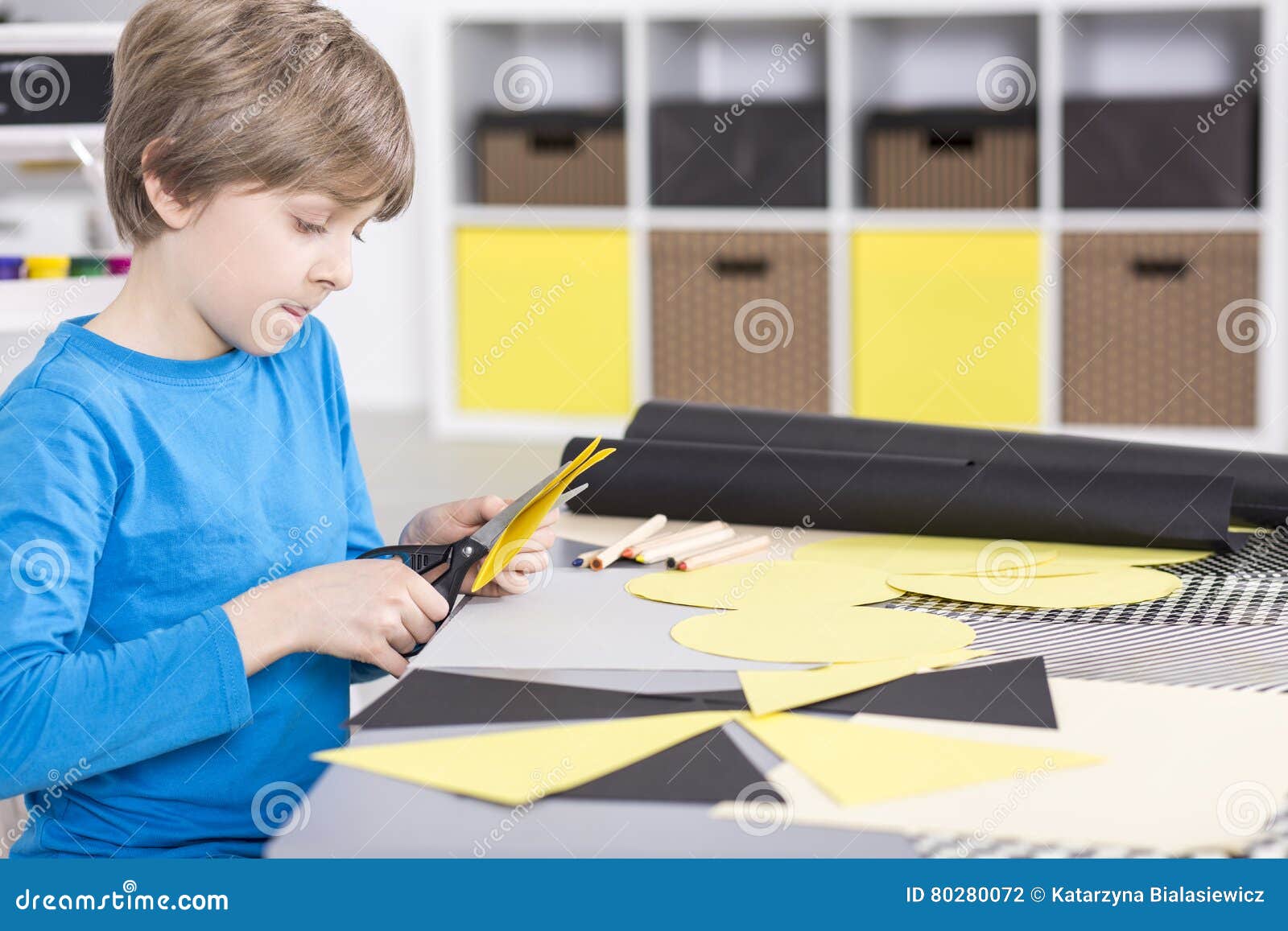 Boy is Cutting Piece of Paper Stock Photo - Image of utensils, paper ...