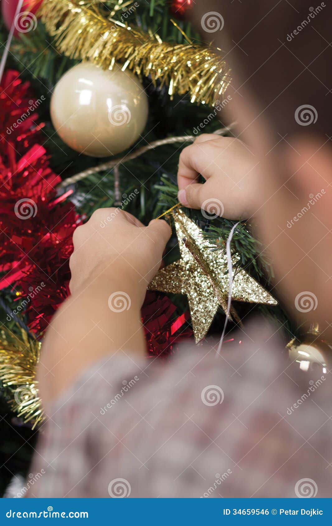 Boy Decorating the Christmas Tree,shot from Behind Stock Photo - Image ...