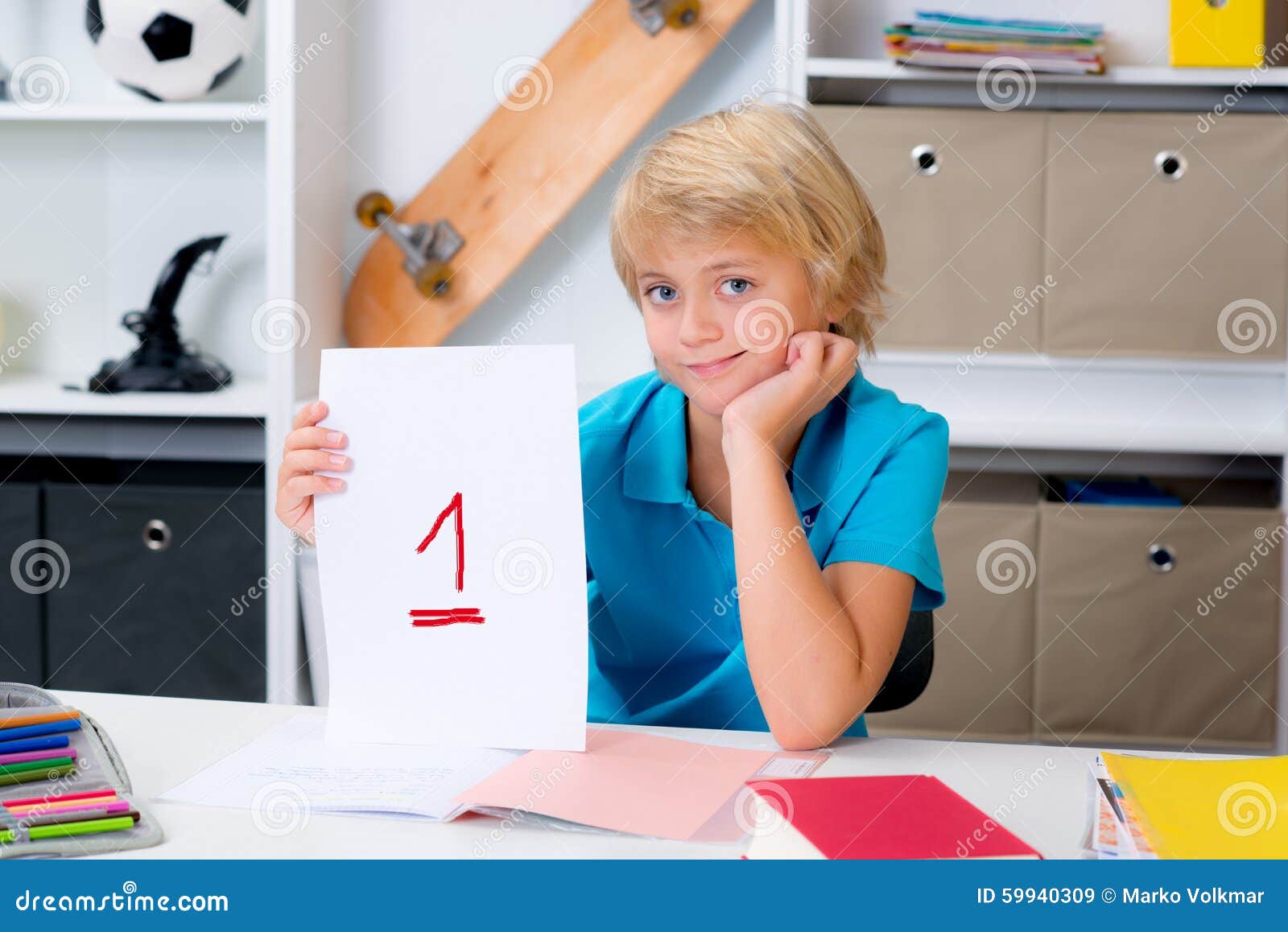 Boy on Desk with Good Report Card Stock Image - Image of people, hand ...