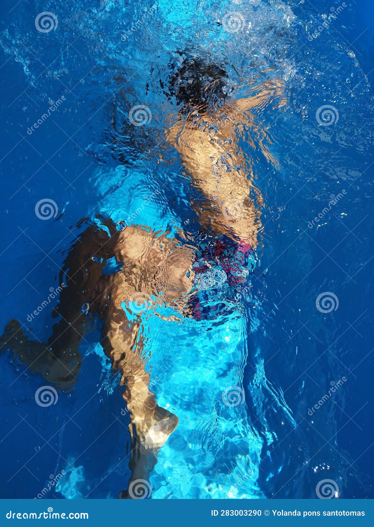 Boy Diving in Pool with Transparent Water and Blue Background Stock ...