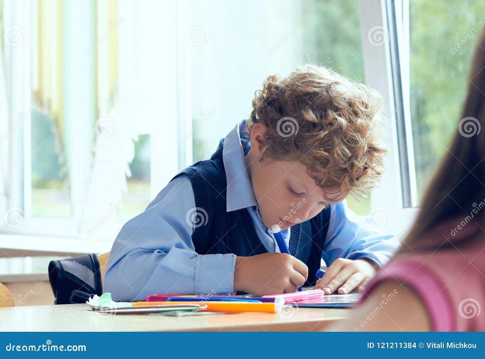 Boy Intently Does the Lesson Exercise during the Lesson of Primary ...