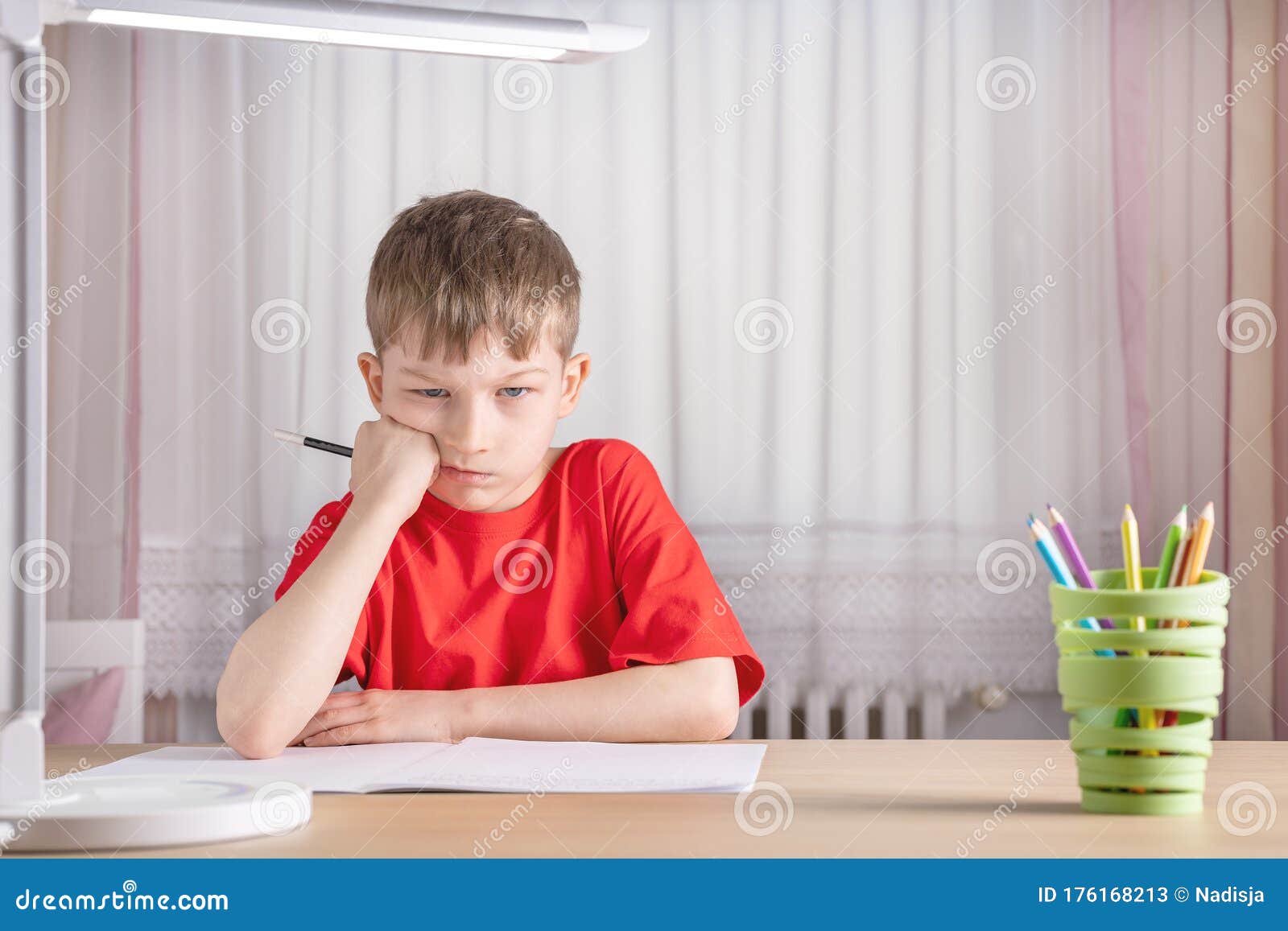 The Boy Does Not Want To Do Homework for School Stock Image - Image of ...