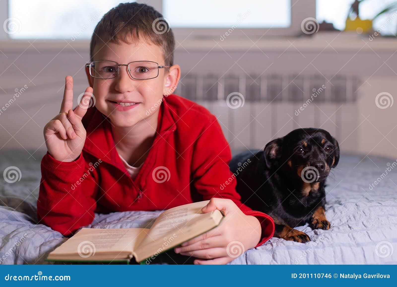 Boy with dog reads a book stock photo. Image of friend - 201110746