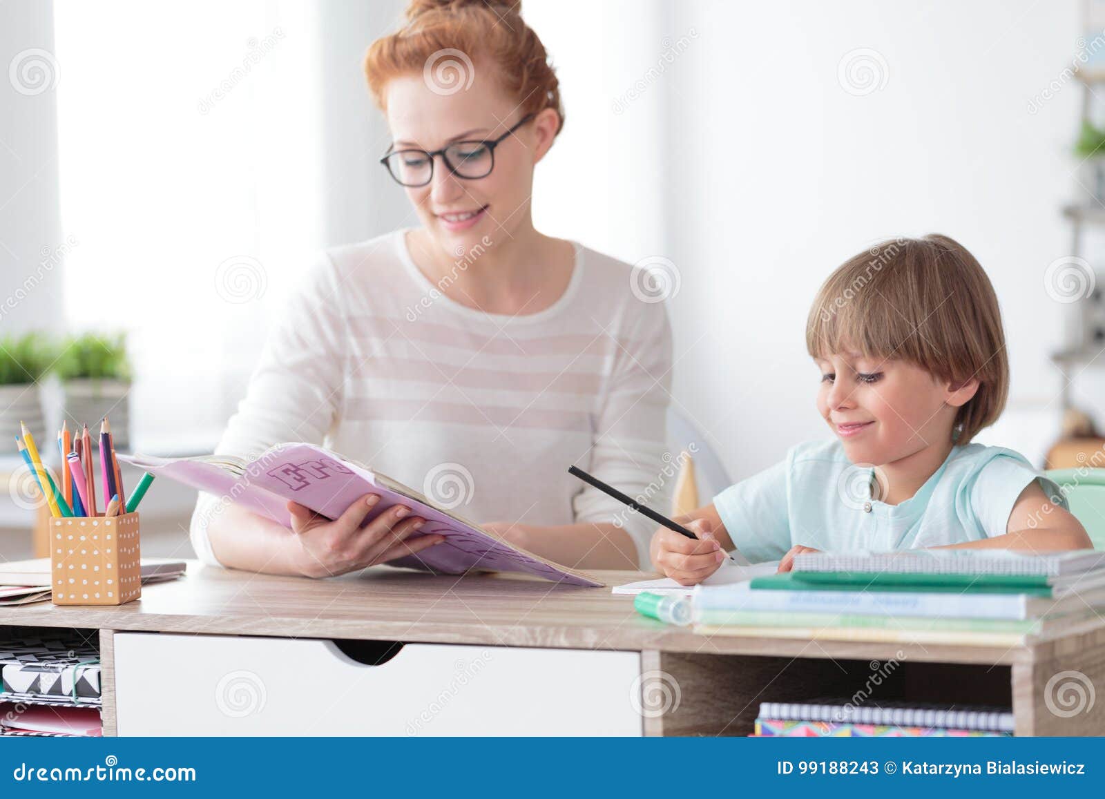 Boy Doing Exercises from Workbook Stock Image - Image of consultation ...