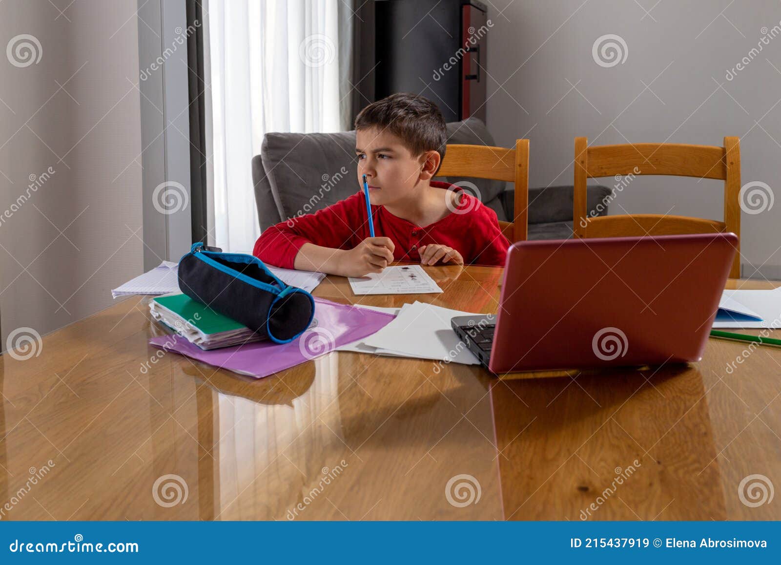 Boy Doing His Homework while Lock Down, Studying Remotely Stock Image ...