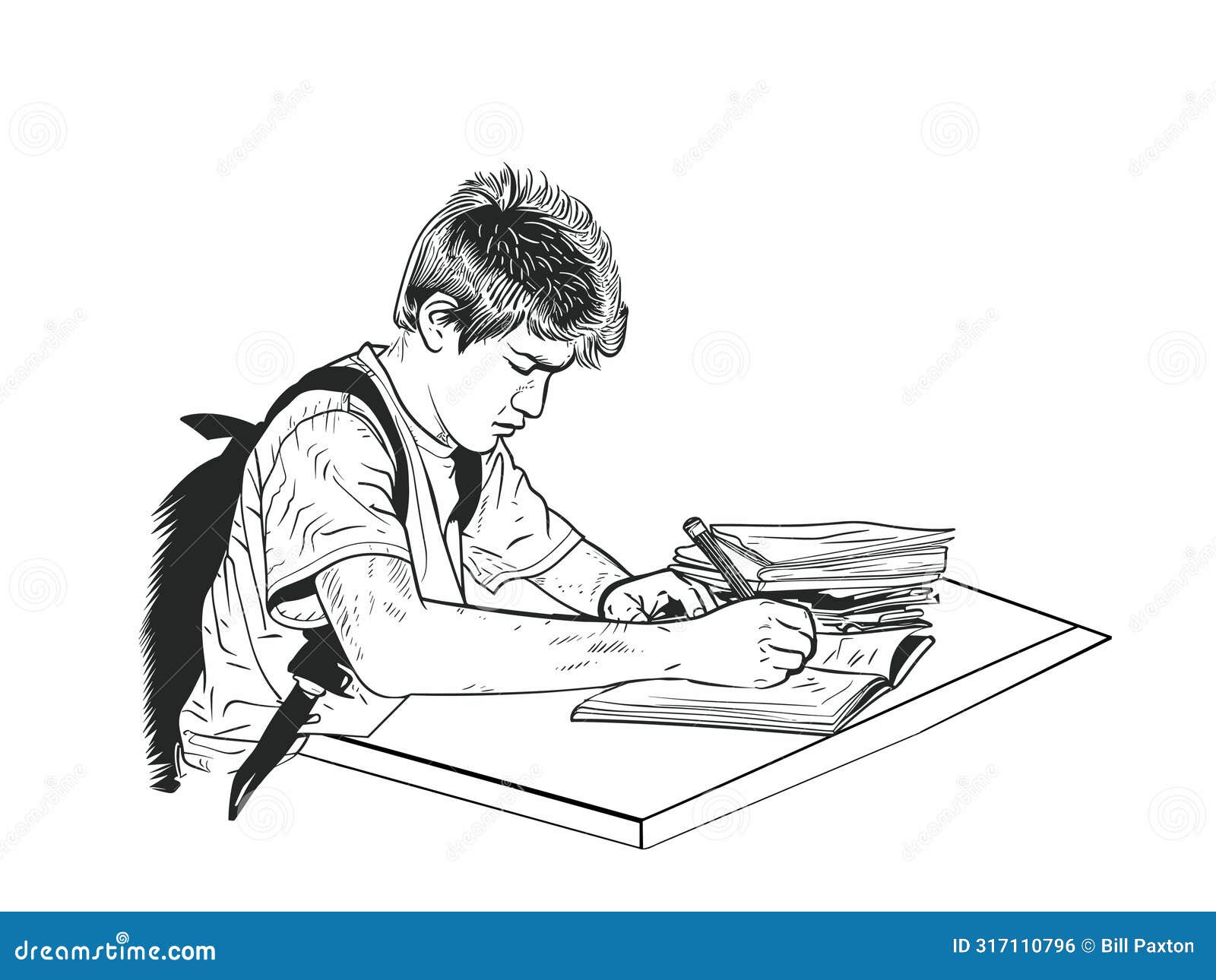 Boy Doing His Homework in Outline Style Stock Vector - Illustration of ...