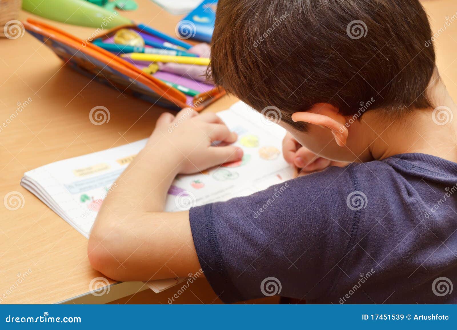 Boy Doing Homework with Color Pencil Stock Image - Image of ...