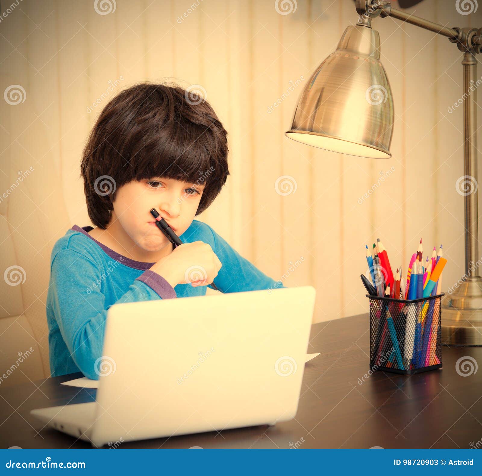 Boy Doing Homework with Computer Stock Image - Image of person, retro ...