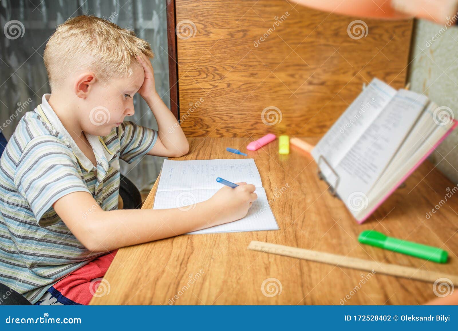 Boy doing homework at home stock photo. Image of childhood - 172528402