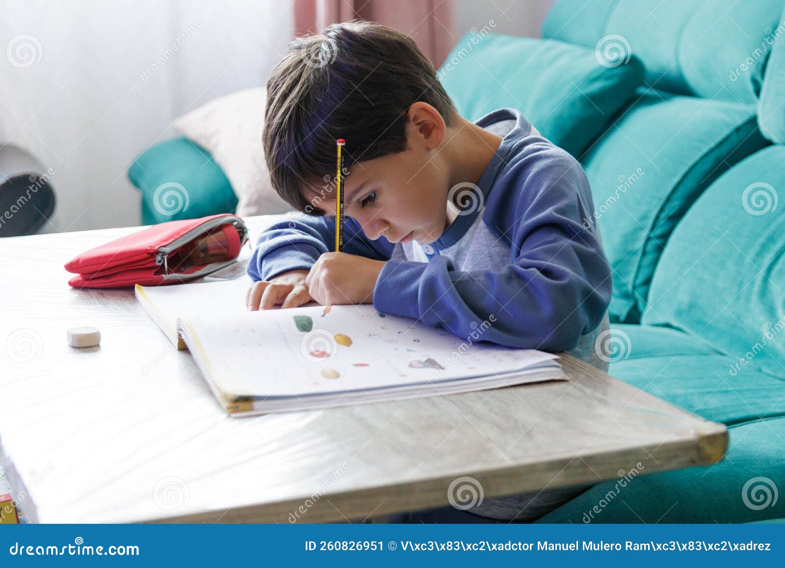 Boy doing homework at home stock image. Image of knowledge - 260826951