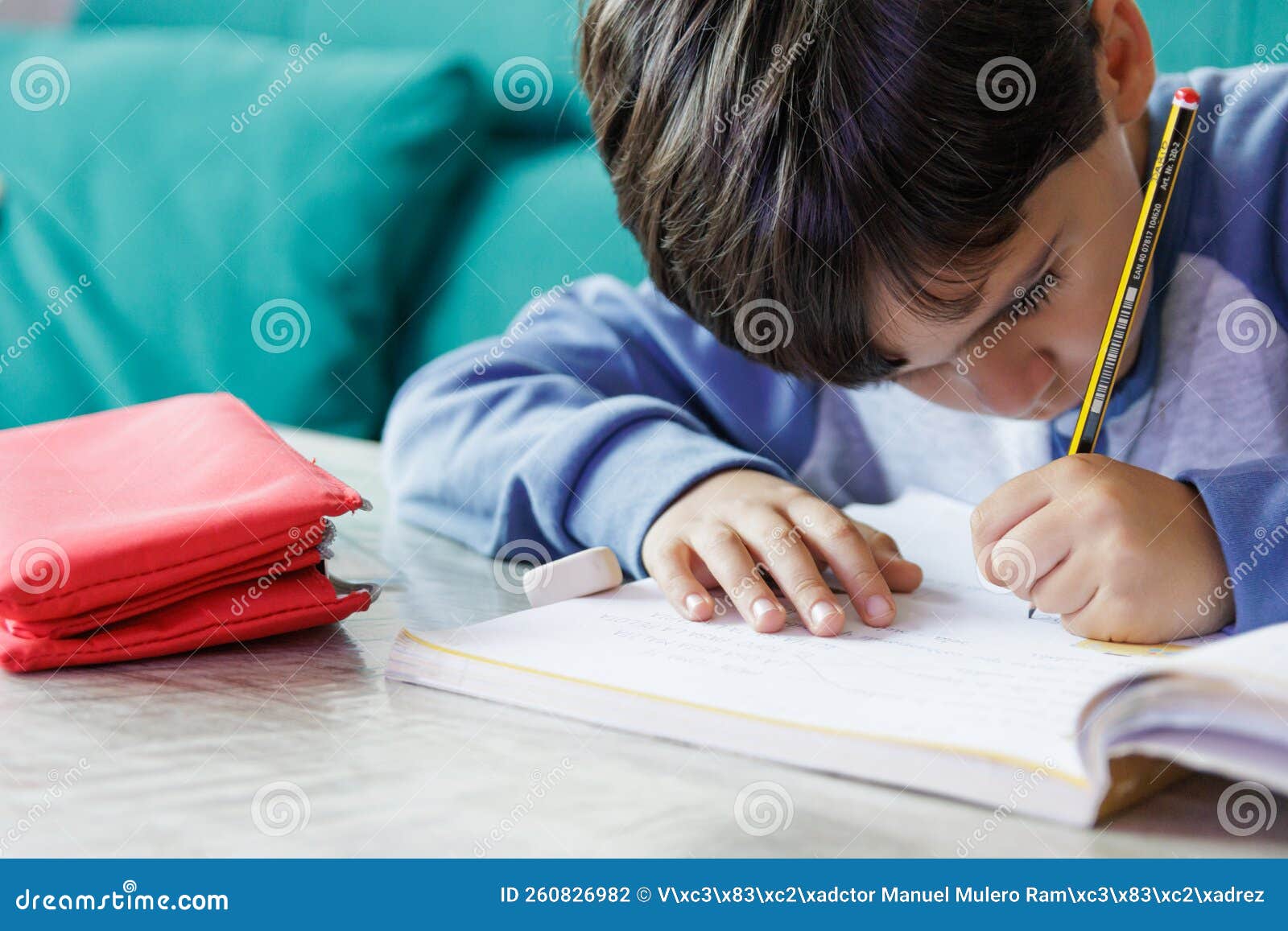 Boy doing homework at home stock photo. Image of learning - 260826982