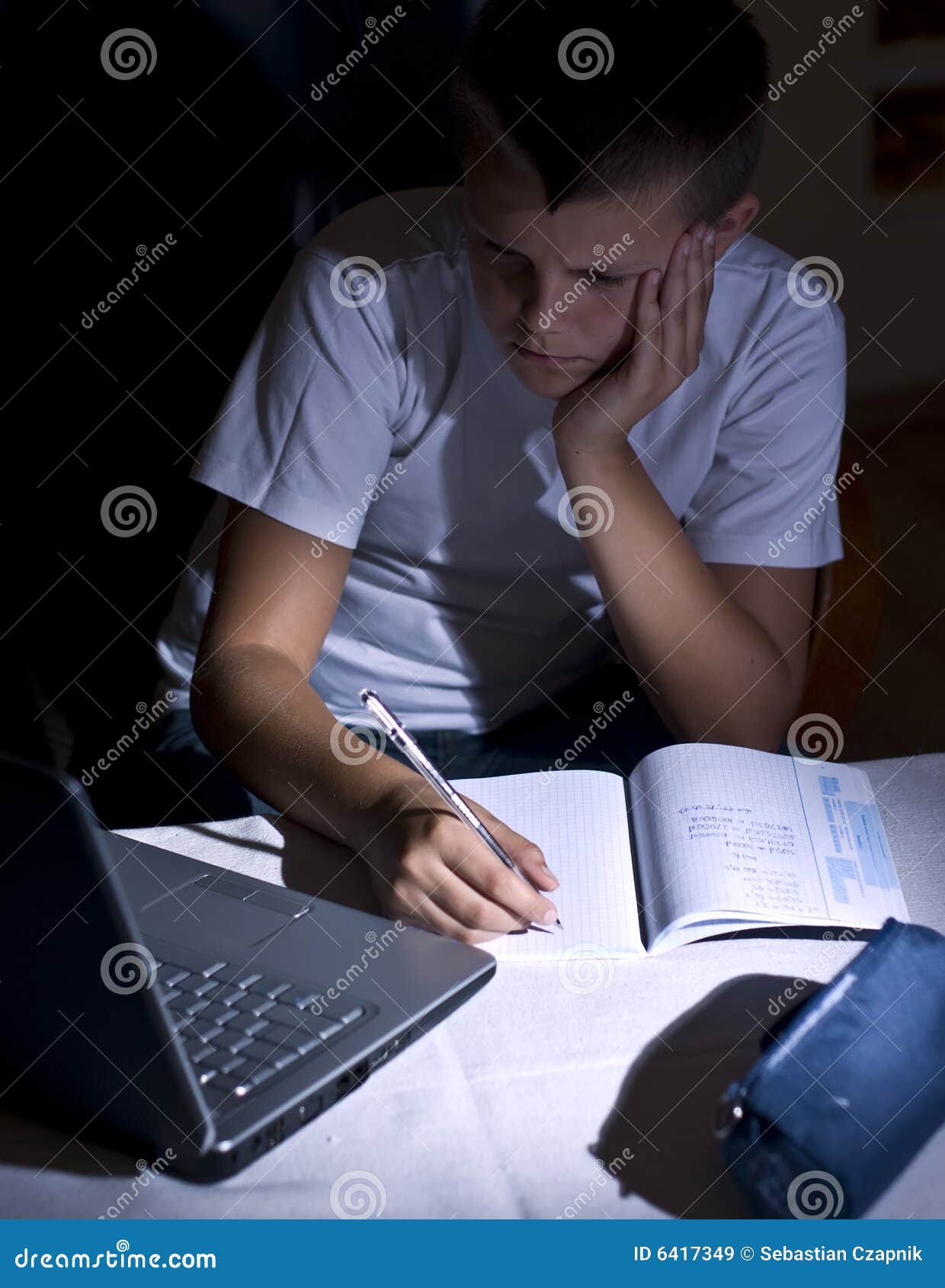 Boy Doing Homework with Laptop Stock Image - Image of work, blue: 6417349