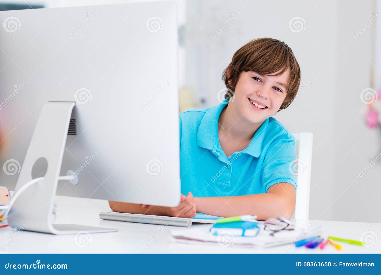 Boy Doing Homework with Modern Computer Stock Photo - Image of high ...