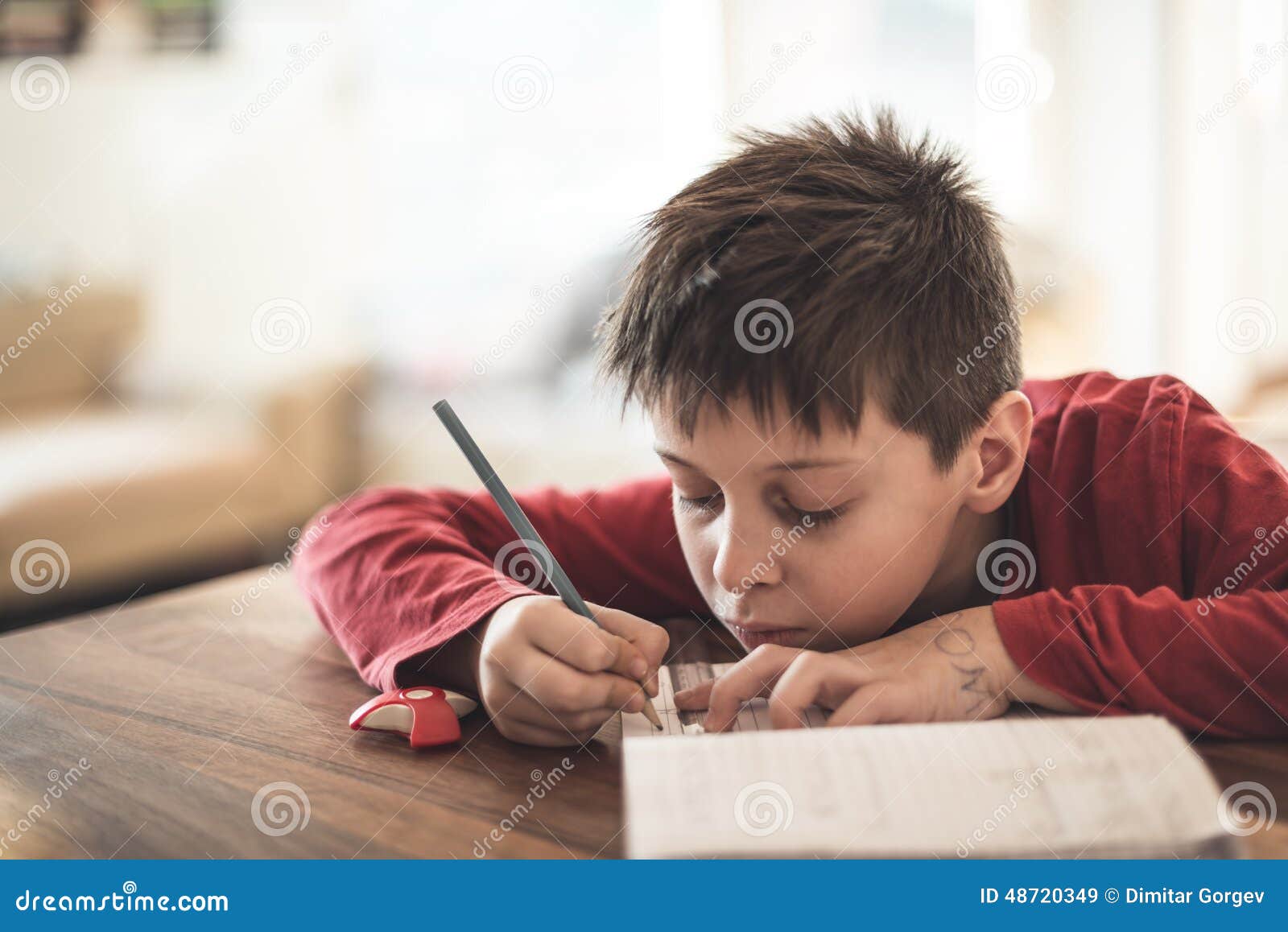 Boy Doing Homework Reluctantly Stock Image - Image of notebook, desk ...