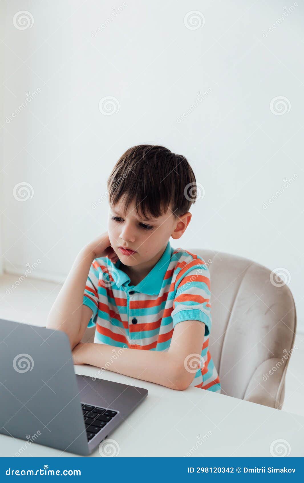 Boy Doing Homework at School on Computer Stock Photo - Image of family ...