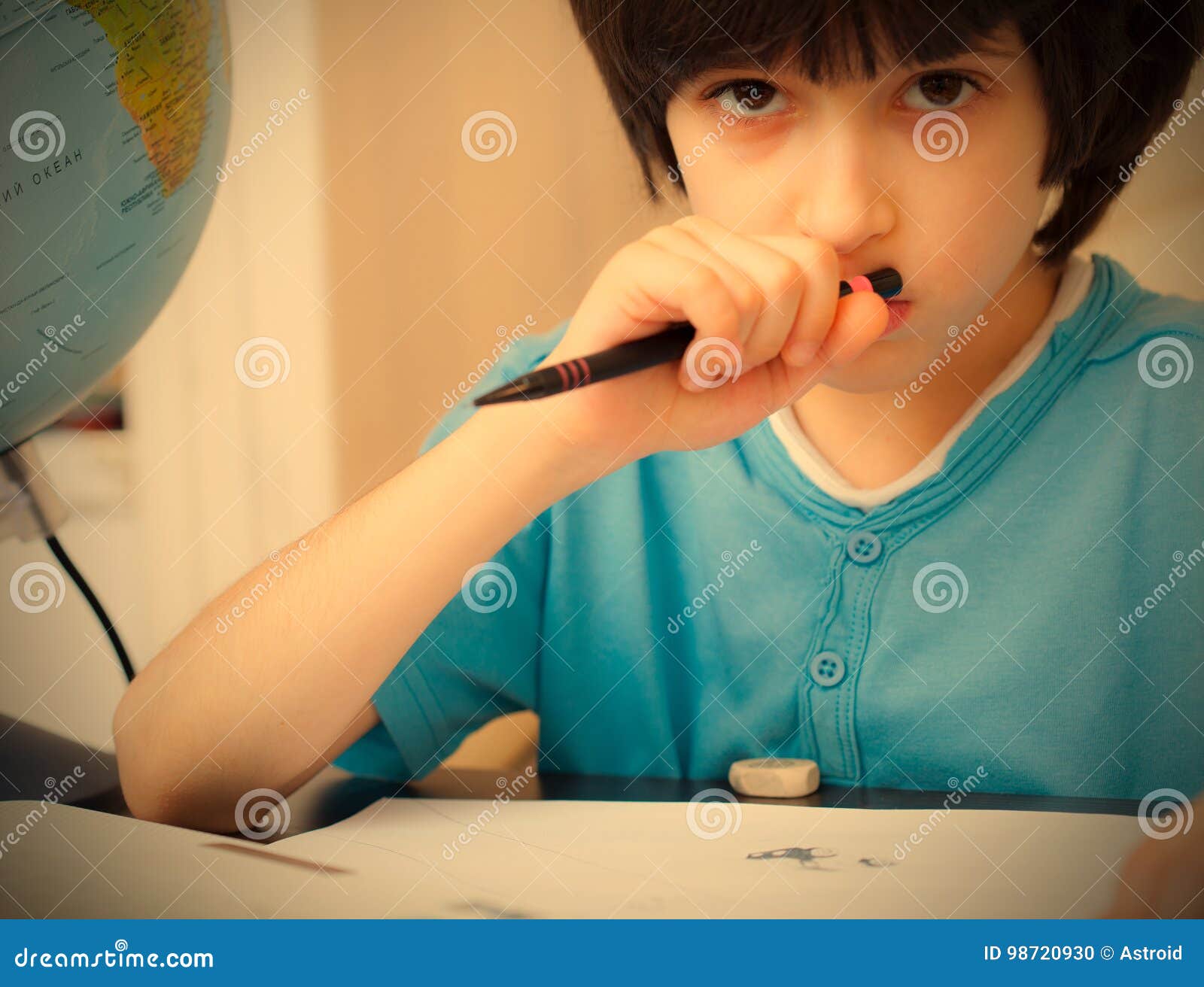 Boy doing homework stock photo. Image of happy, computer - 98720930