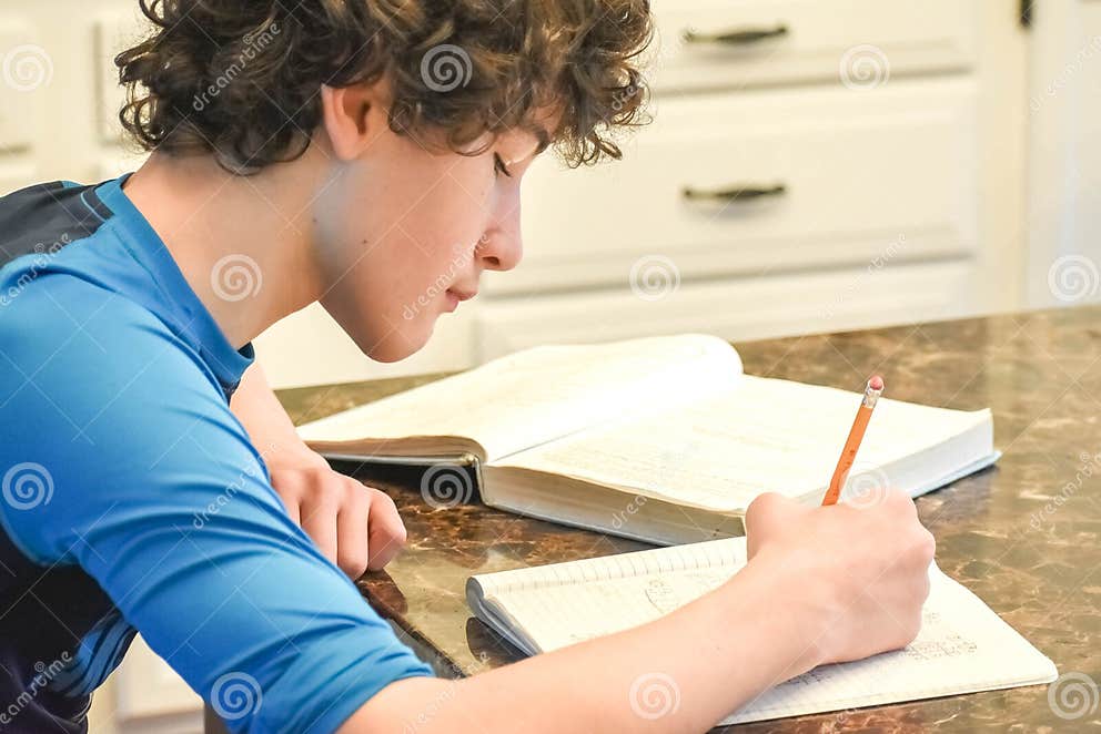 Boy Doing Math Homework stock photo. Image of copy, homework - 209052424
