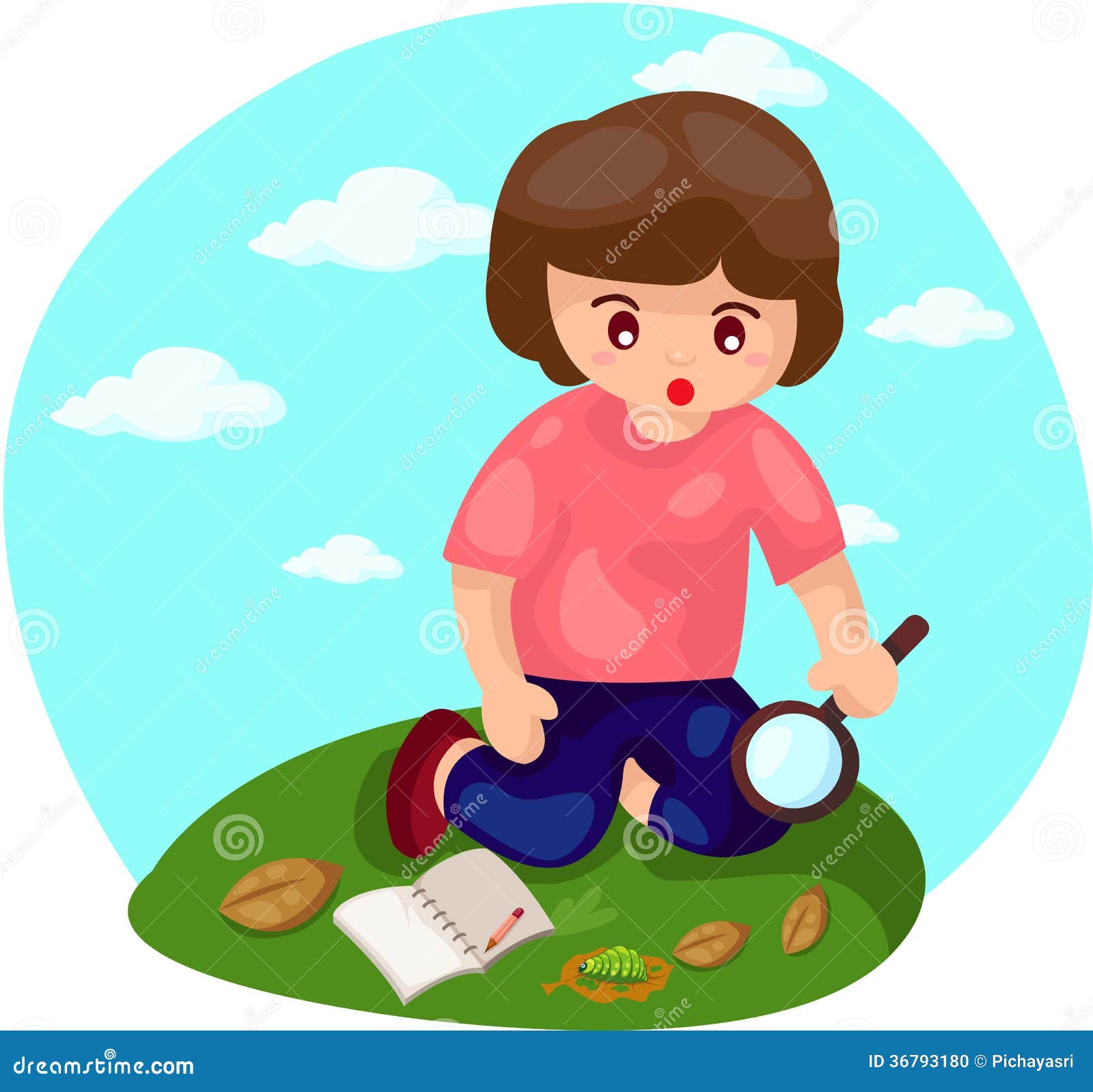 Boy Doing Research Study with Magnify Stock Illustration - Illustration ...