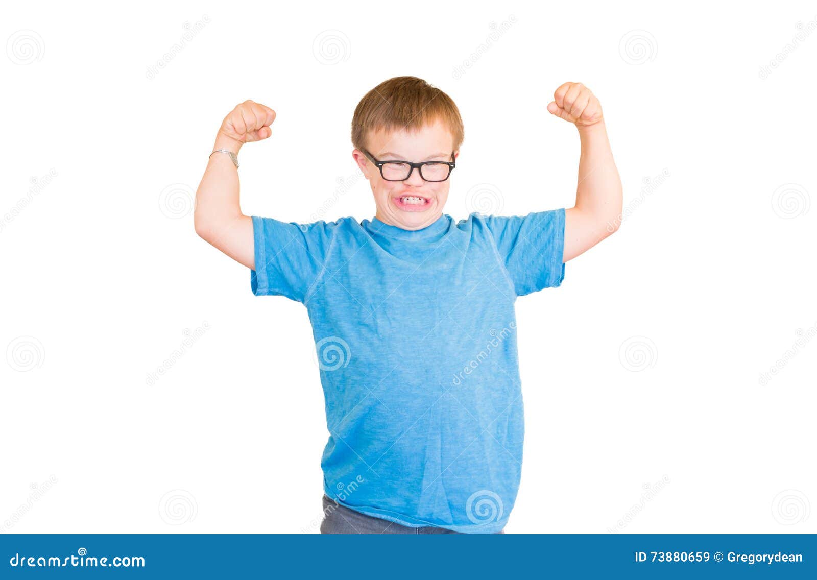 Boy with Downs Syndrome Flexing His Muscles Stock Image - Image of ...