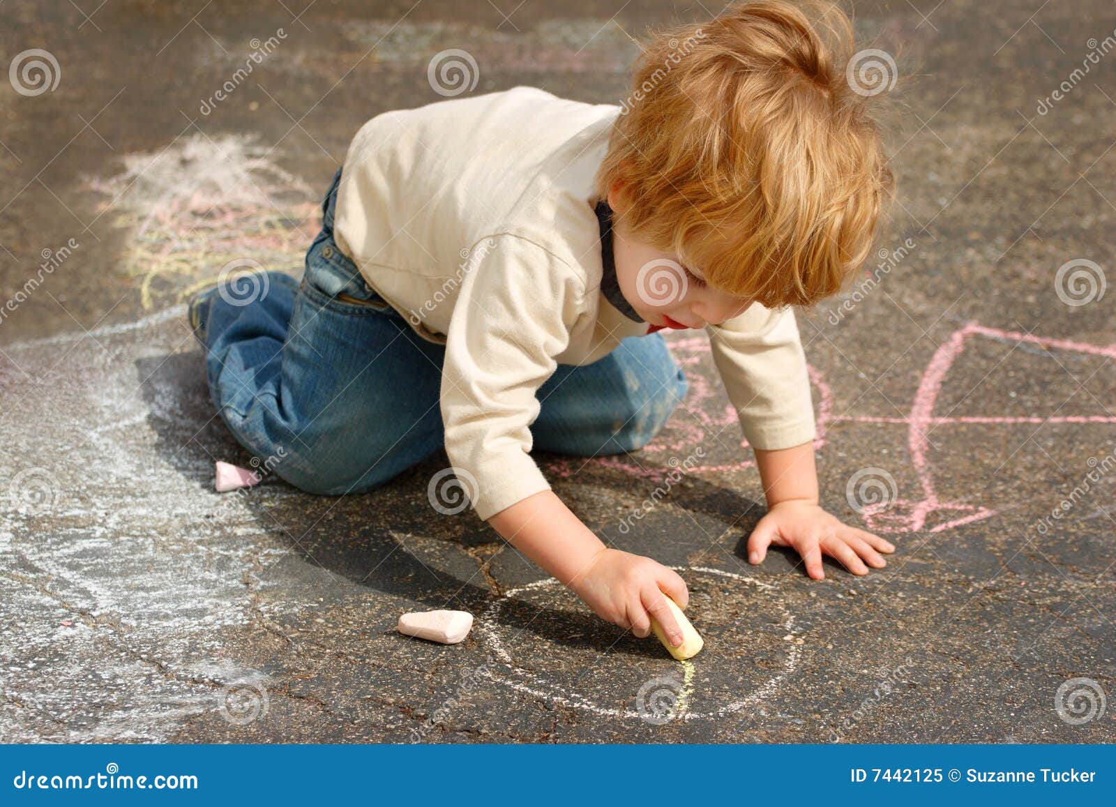Boy Drawing Outside with Chalk Stock Image - Image of preschooler ...
