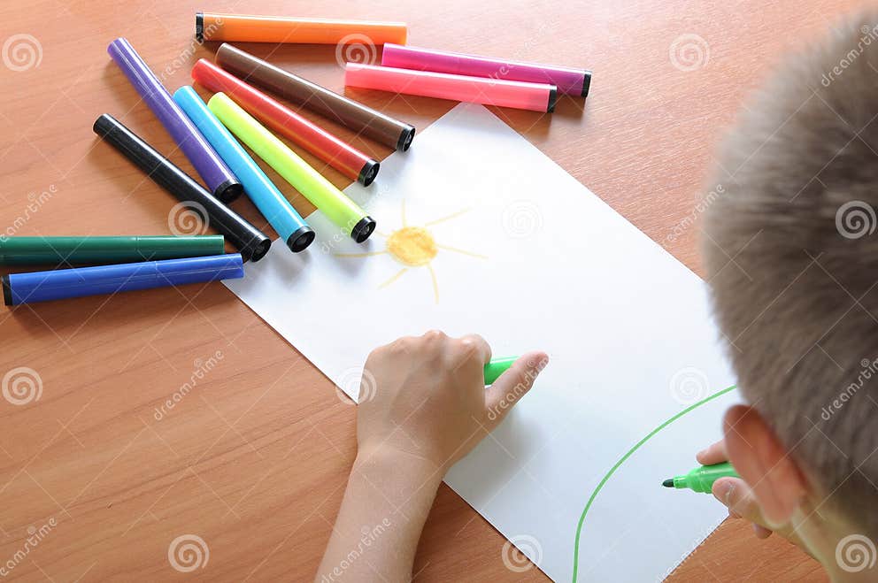 Boy Drawing on Paper with Crayons Stock Image - Image of enjoy, painter ...