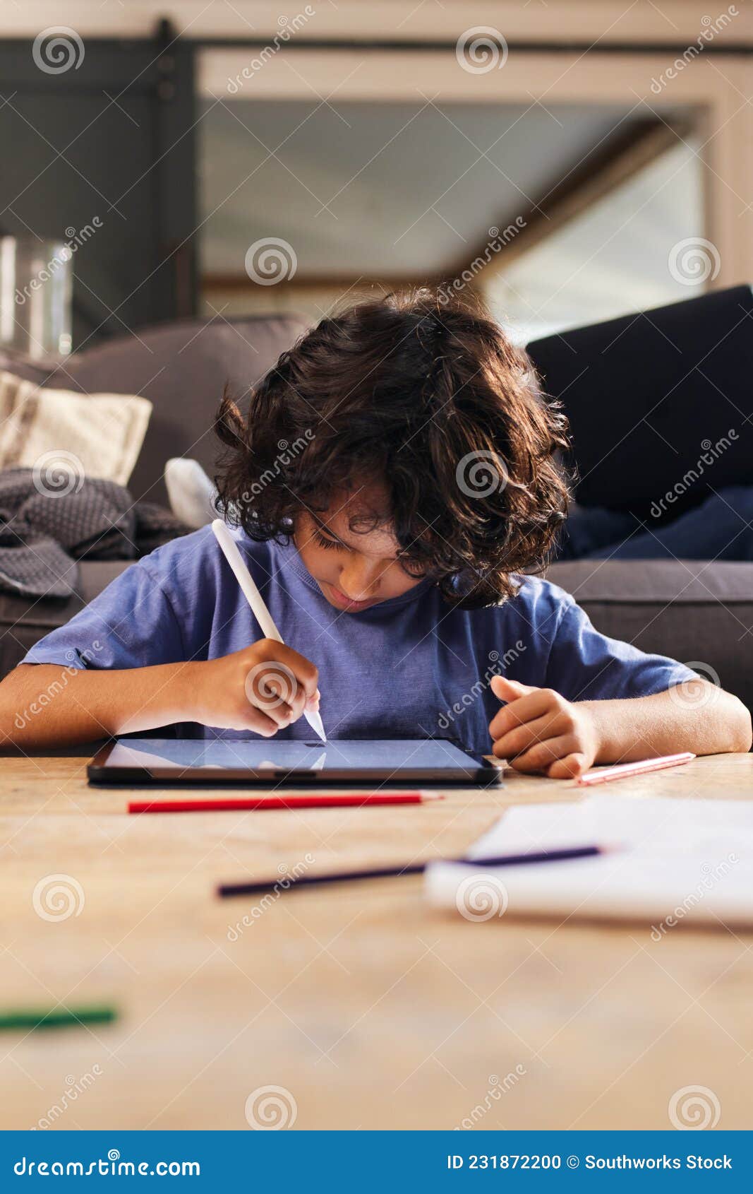 Boy Drawing on Tablet and Concentrating Stock Photo - Image of homework ...