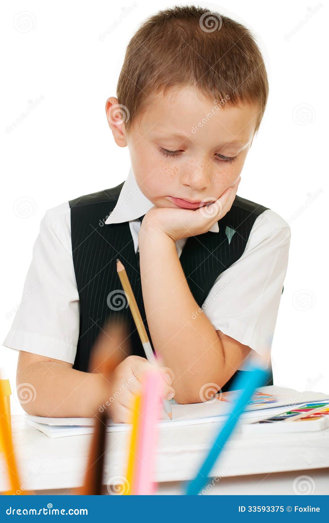 The Boy Draws Pencils in an Album on a White Background Stock Image ...