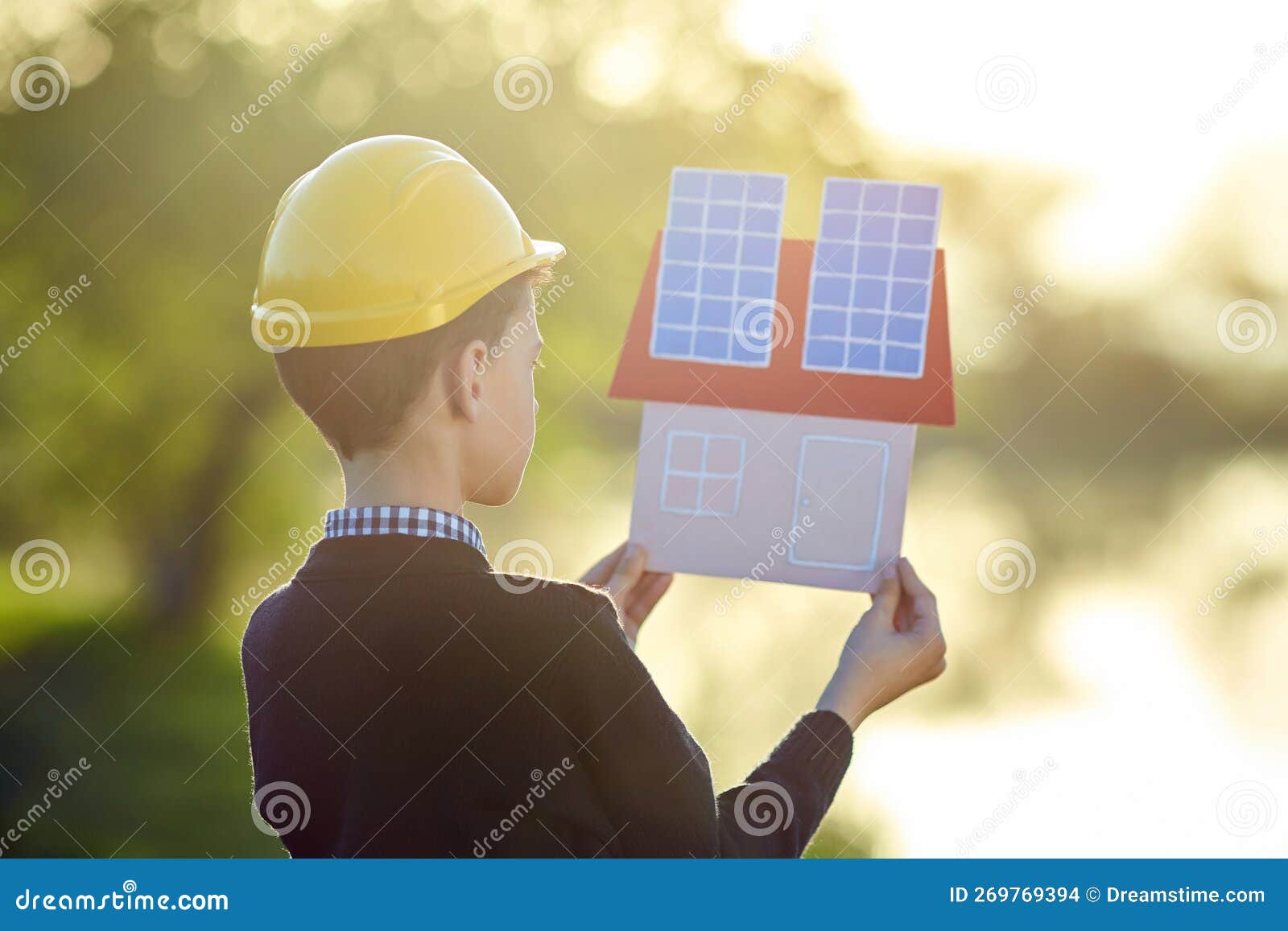 Boy Dreams of a House with Solar Panels Stock Photo - Image of builder ...