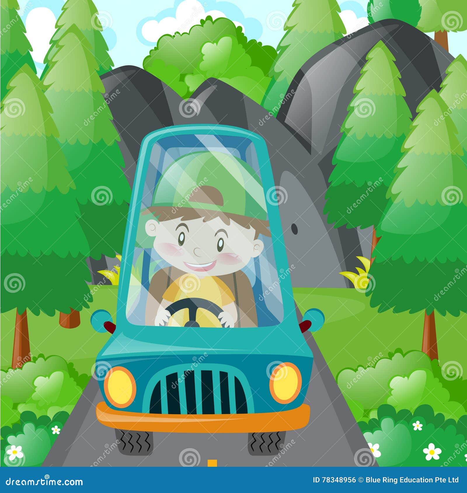 Boy driving in blue car stock vector. Illustration of childhood - 78348956