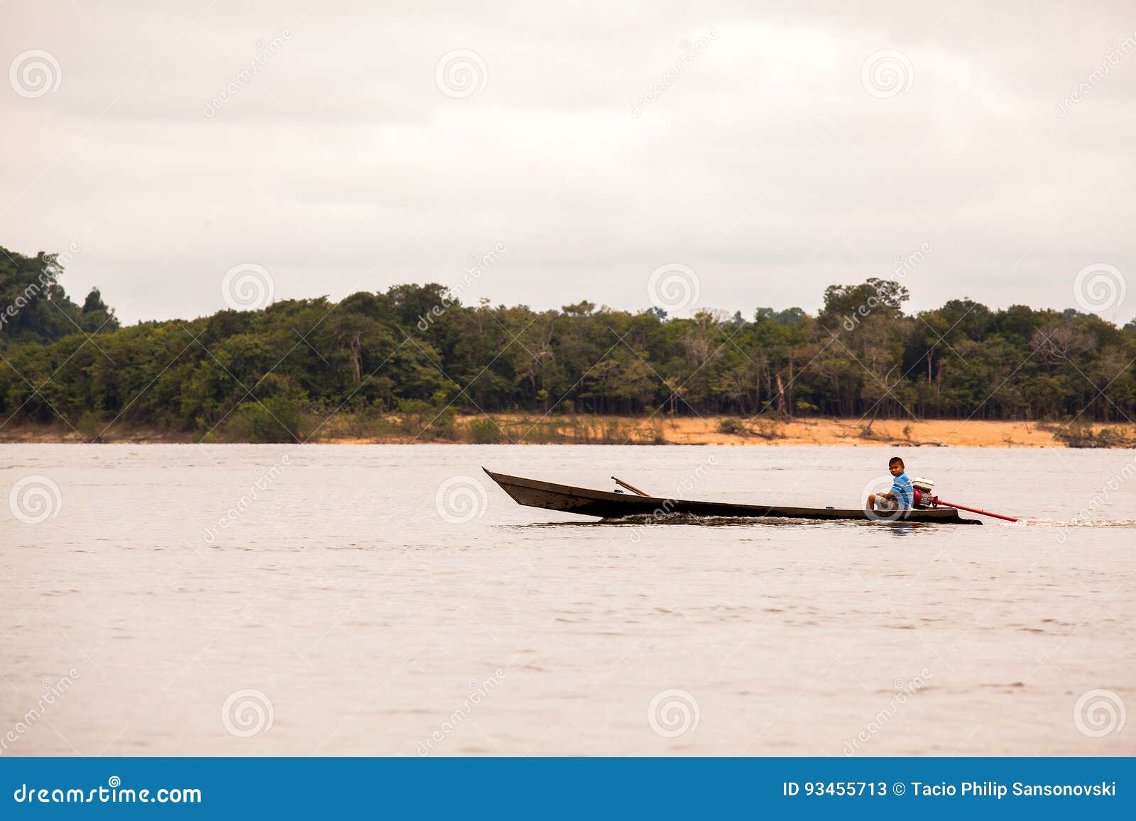 Boy Driving Boat on Amazon River Editorial Stock Photo - Image of water ...