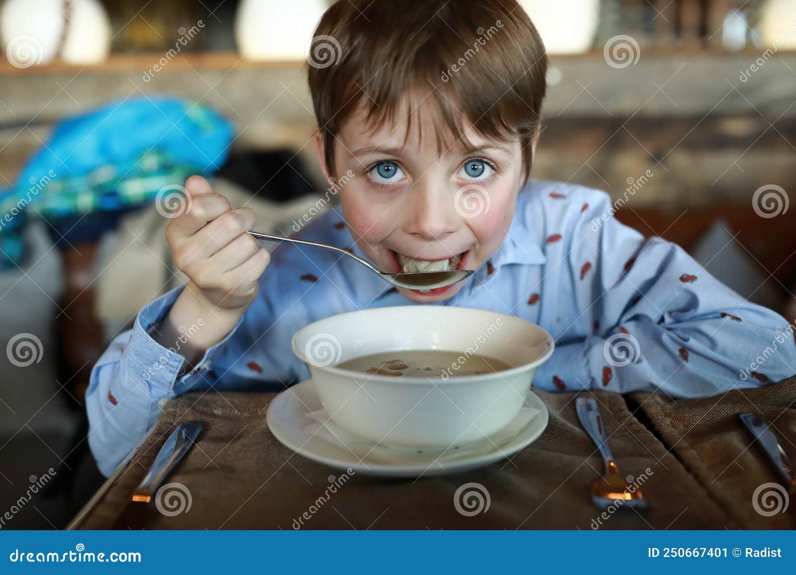 Boy Eating Dumplings with Broth Stock Image - Image of diner, broth ...