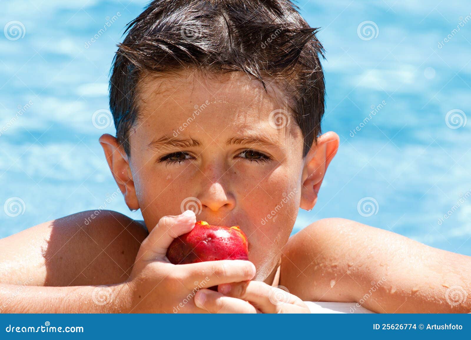 Boy Eating Fruit in Swimming Pool Stock Photo - Image of cute, pool ...