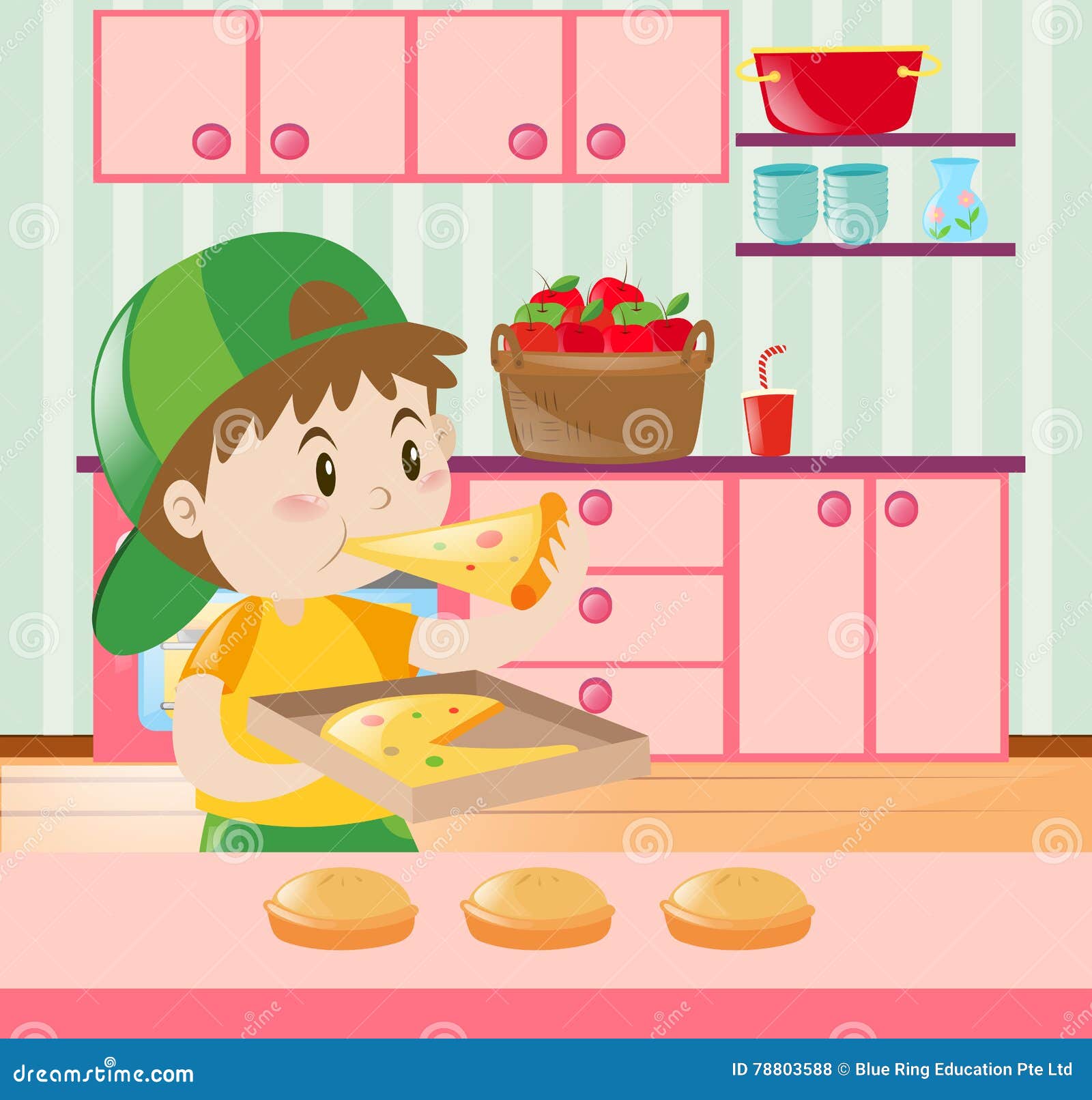 Boy Eating Pizza in Kitchen Stock Vector - Illustration of young, youth ...