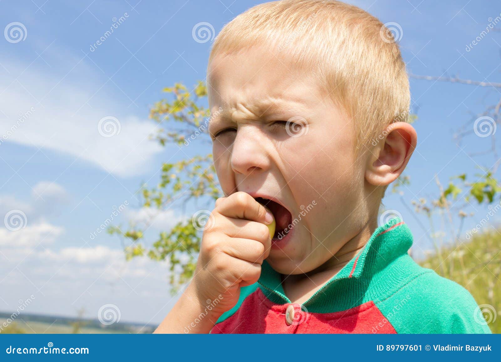 Boy eating sour fruit stock image. Image of green, vitamin - 89797601
