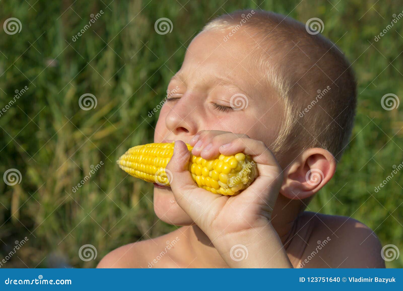 Boy Eating Sweet Corn Outdoors,Corn in the Hands of a Child Stock Photo ...