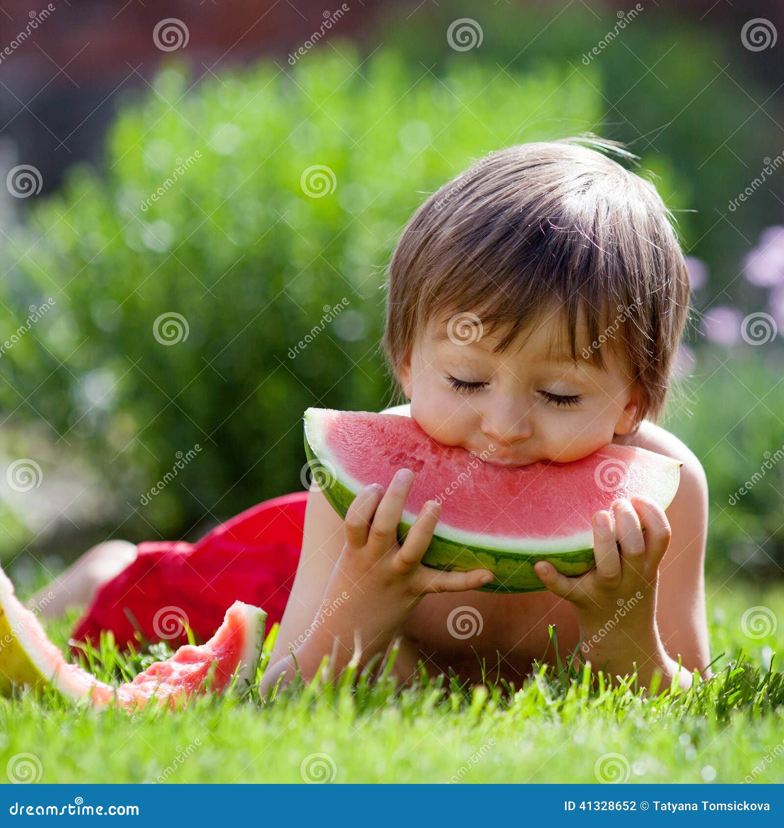 Boy, Eating Watermelon in the Garden Stock Photo - Image of cheerful ...